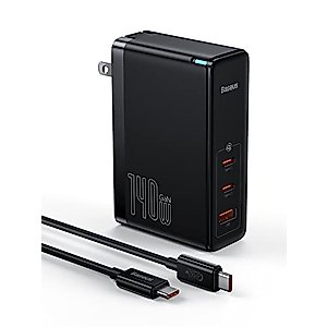 Baseus USB C Charger, 140W Wall Charger PD 3.1 with 3.3ft USB C to C Cable, 3-Port GaN5 Charger for Laptops, iPad, iPhone 14/13 Series, Galaxy, MacBook Pro 16'', Steam Deck, Black