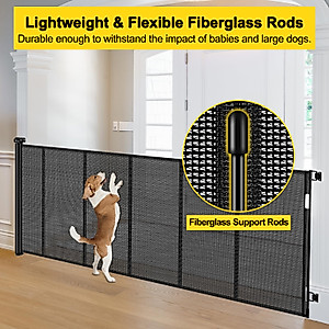 Enhanced 42” Extra Tall & 80” Wide Retractable Baby Gates with Rods to Prevent Crawling Through, Extra Tall Pet Gate for Large Openings Indoor Long Mesh Dog Gate for Stairs and Doorways, Black