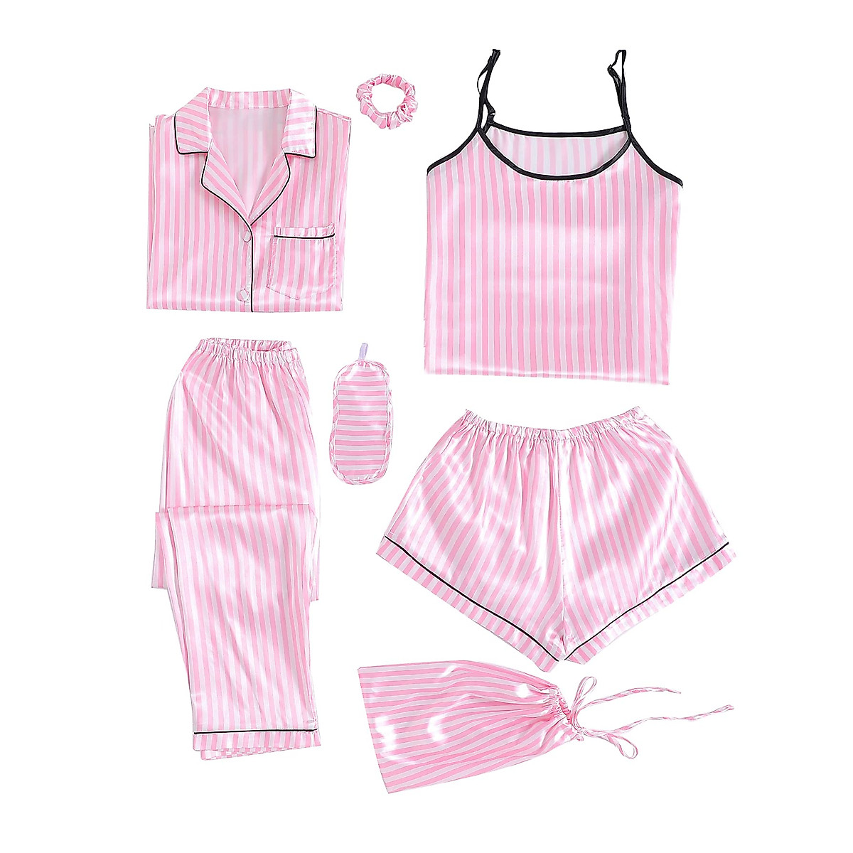 LYANER Women's Pajamas Set 7pcs Silk Satin Sleepwear Loungewear Cami Shirt Pj Set Striped Pink Medium