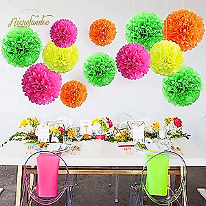 NICROLANDEE Blacklight Party Decorations - 12PCS Fluorescent Neon UV Reactive Glow Tissue Paper Pom Poms & 4Rolls Glow Crepe Paper Streamers for Graduation, Birthday, Fiesta Party, Wedding, Prom Dance