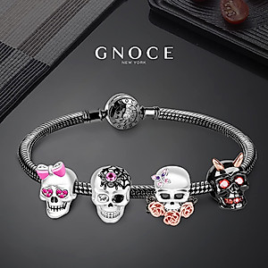 GNOCE Women's Sugar Skull Charm 925 Silver with Butterfly and Rose Gold Flowers Bracelets Charm for Women fit Bracelets Necklaces (Blooming)