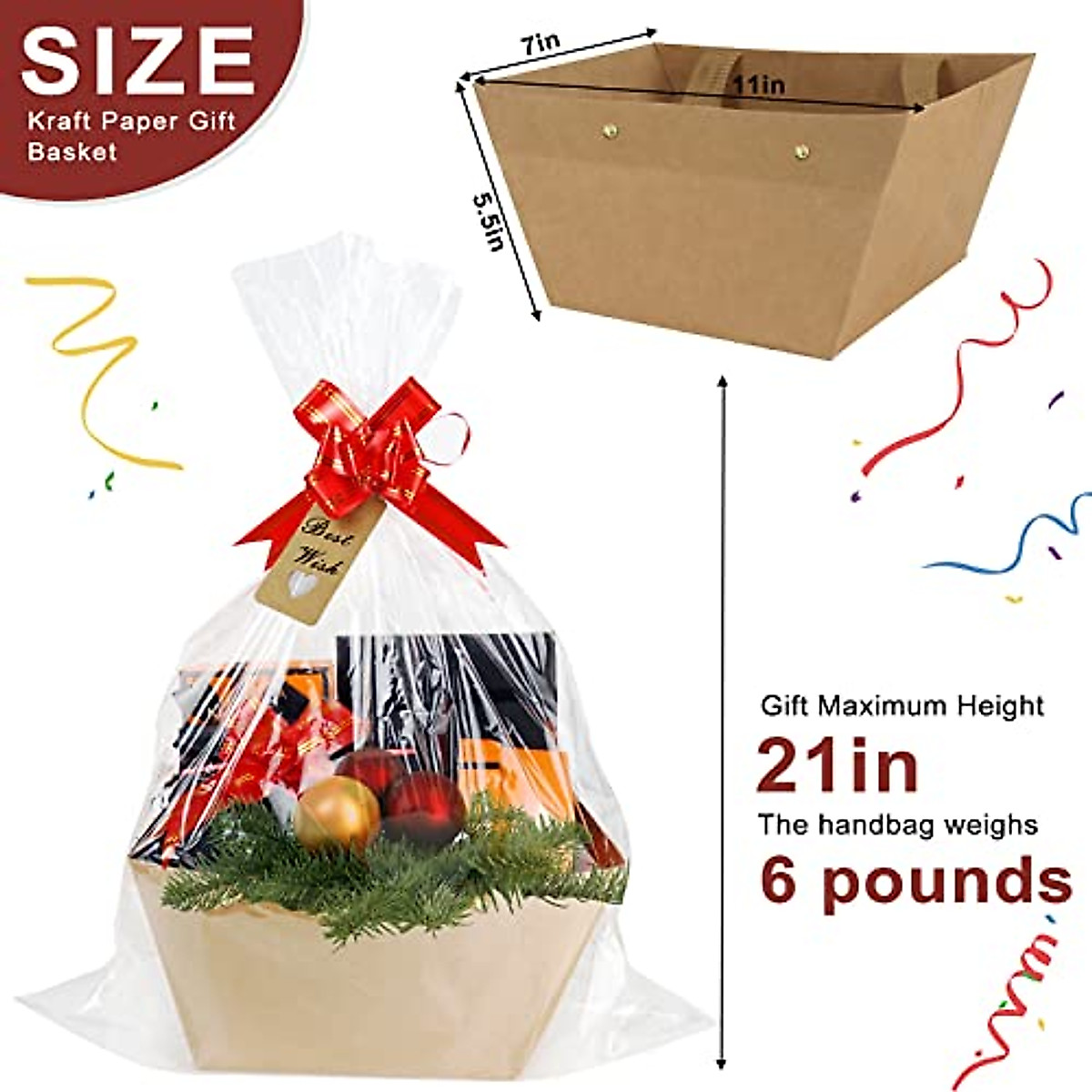 Bigger Baskets for Gifts Empty ,6 Pack Sturdy Kraft Basket With Handles Gift Basket Kit,6 Shrink Wrap Bags, 6 Bows and Hang Tag，Empty Gift Baskets Supplies Wrap To Fill For Holiday And Any Occasion