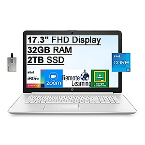 2022 HP 17.3" FHD IPS Display Laptop Computer, 11th Intel Core i5-1135G7 Processor, 32GB RAM, 2TB SSD, Backlit Keyboard, Intel Iris Xe Graphics, HD Webcam, Windows 10, Silver, 32GB SnowBell USB Card