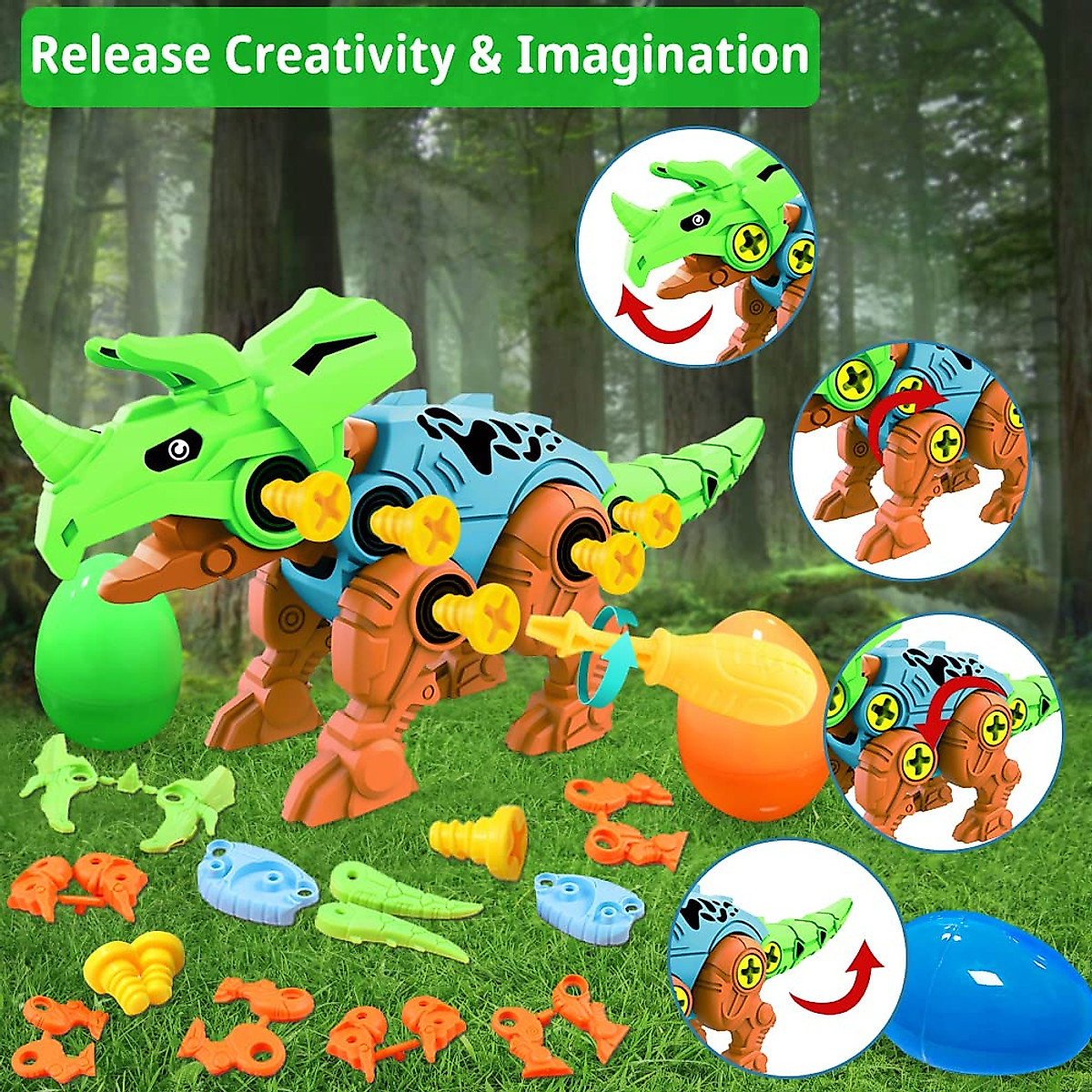 Easter Eggs Filled with Dinosaur Toys for Kids Boys Girls, 9 Pack Easter Basket Stuffers Fillers Prefilled with 4 PCS Take Apart Building Dino Toys 3 PCS Pull Back Cars 12PCS Mini Dino