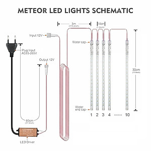 TURN RAISE Rain Drop Lights 30cm 10 Tubes 300 LED,Meteor Shower Lights UL Certified Icicle Cascading Lights for Christmas Holiday Party Home Patio Outdoor Decoration,White