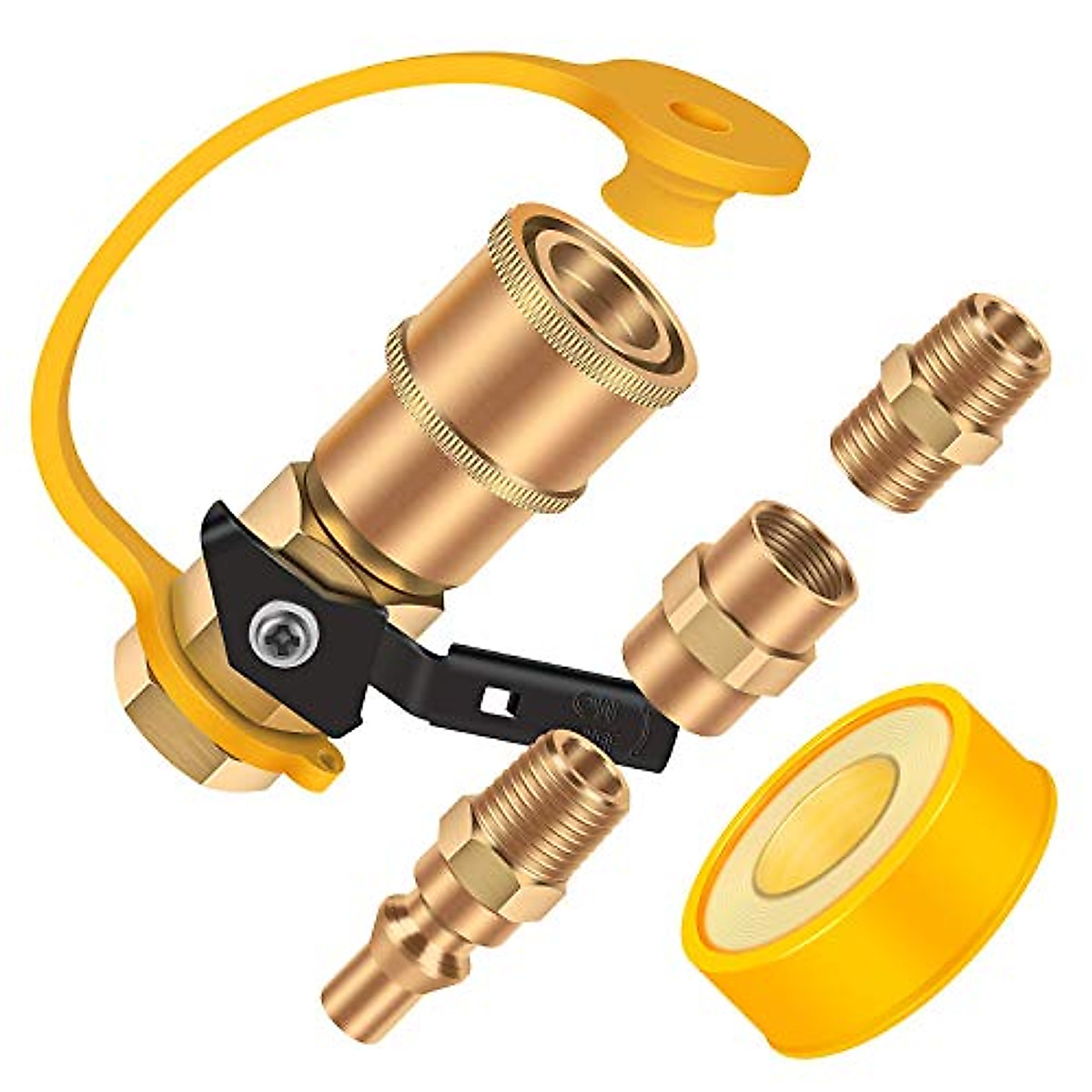 GORNORVA 5PCS 1/4" RV Propane Quick Connecting Fittings with Teflon Tape,Gas Quick Connect Fittings Includes 1/4" Female Shutoff Valve &Full Flow Plug,1/4" Male &1/4" Female NPT for RV,Trailer,BBQ