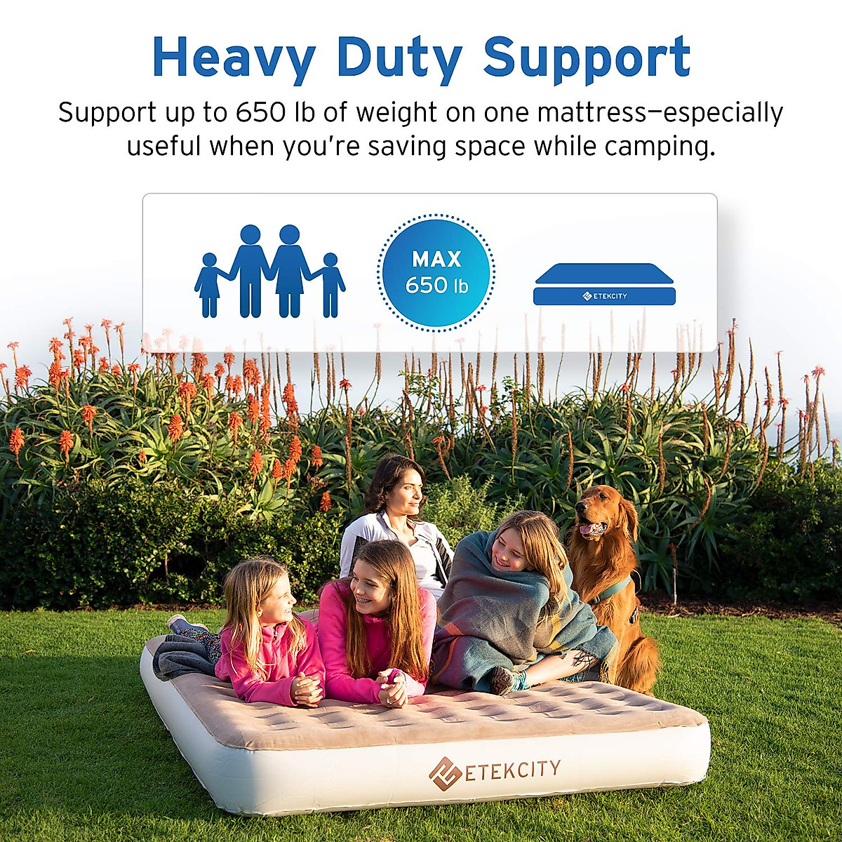 Etekcity Camping Air Mattress, Inflatable Mattress Air Bed Queen Twin with Rechargeable Pump, Leak-Proof Blow Up Mattress Raised Airbed , Height 9", Storage Bag , Brown
