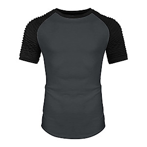 JSFOIRYROU Gym Workout T-Shirt for Men Pleated Raglan Short Sleeve Base Layer Muscle Bodybuilding Fitness Cotton Tee Tops (Dark Grey,X-Large)