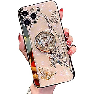 Aulzaju for iPhone 12 Pro Max Phone Case Cute Glitter Girly Women Flower Design,Luxury Plating Pearly Lustre Pattern,Sparkle Bling Diamond Butterfly Kickstand,Plating Hard Back Rugged Bumper Cover