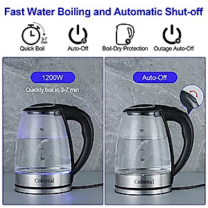 Glass Electric Kettle, 1.8 Liter Tea Kettle With Blue LED Light, 1500W Cordless Portable Water Boiler for Boiling Water, Auto Shut Off And Boil-Dry Protection Glass Teakettle BPA Free