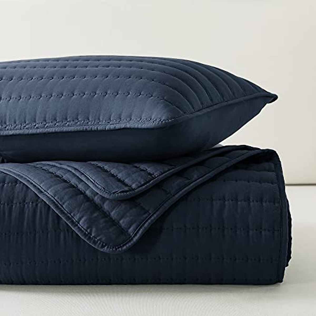 Navy Blue Queen Size Quilt Bedding Sets with Pillow Shams, Mustard Full Lightweight Soft Bedspread Coverlet, Quilted Blanket Thin Comforter Bed Cover for All Season, 3 Pieces, 90x90 inches