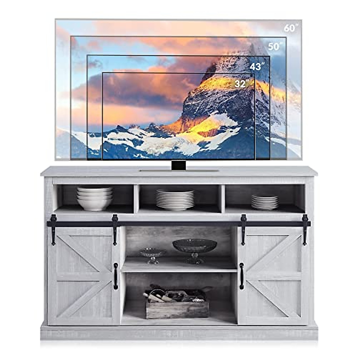 BELLEZE Modern 52 Inch Farmhouse Highboy TV Stand & Media Entertainment Center Console Table for TVs up to 55 Inch with Sliding Barn Door and Storage Cabinets - Parker (Stone Gray)