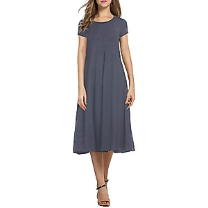 Necooer Women's Casual Loose T-Shirt Dress Plain Pleated Long Dress Short Sleeve Round Neck Midi Dress (X-Large, B-Gray)