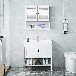 Tangkula Bathroom Wall Cabinet, Wooden Hanging Medicine Cabinet with Double Shutter Doors and Adjustable Shelf, Wall Mounted Bathroom Cabinet with Open Shelf, 26 x 8.5 x 25 Inches, White
