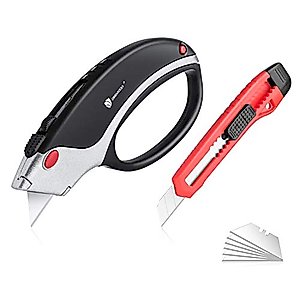 ORIENTOOLS Utility Knife Box Cutter, 2 Sets Retractable Auto-Lock Razor Knife with 5 Extra Sharp Blades and Snap Knife Combo, Non-Slip Handle Ergonomic