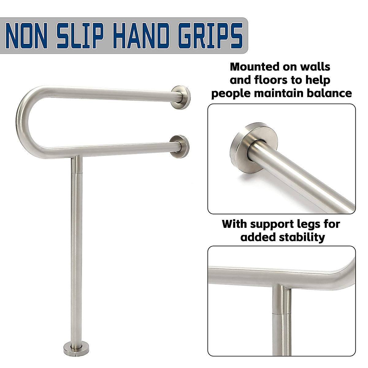 HECASA 24 Inch Handicap Grab Bars Rails 304 Stainless Steel Toilet Handrail Bathroom Safety Bar Wall Mount Floor Support Assist Bar for Disabled Elderly Mounted Bath Grips