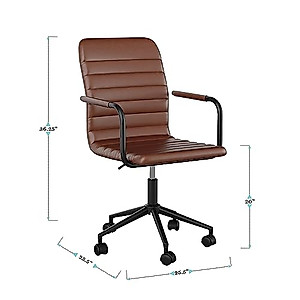 Martha Stewart Taytum Swivel Task Chair with Armrests for Home Office in Saddle Brown Faux Leather with Oil Rubbed Bronze Frame