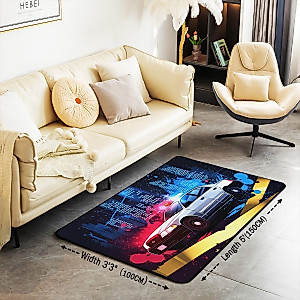 Police Car Area Rug 3x5 Cartoon Police Van Carpet for Teens Boys,Policeman Vehicle Car Accent Rug Set Red Blue Cop Lights Truck Rug Emergency Strobe Light Decor for Bedroom Playroom Living Room