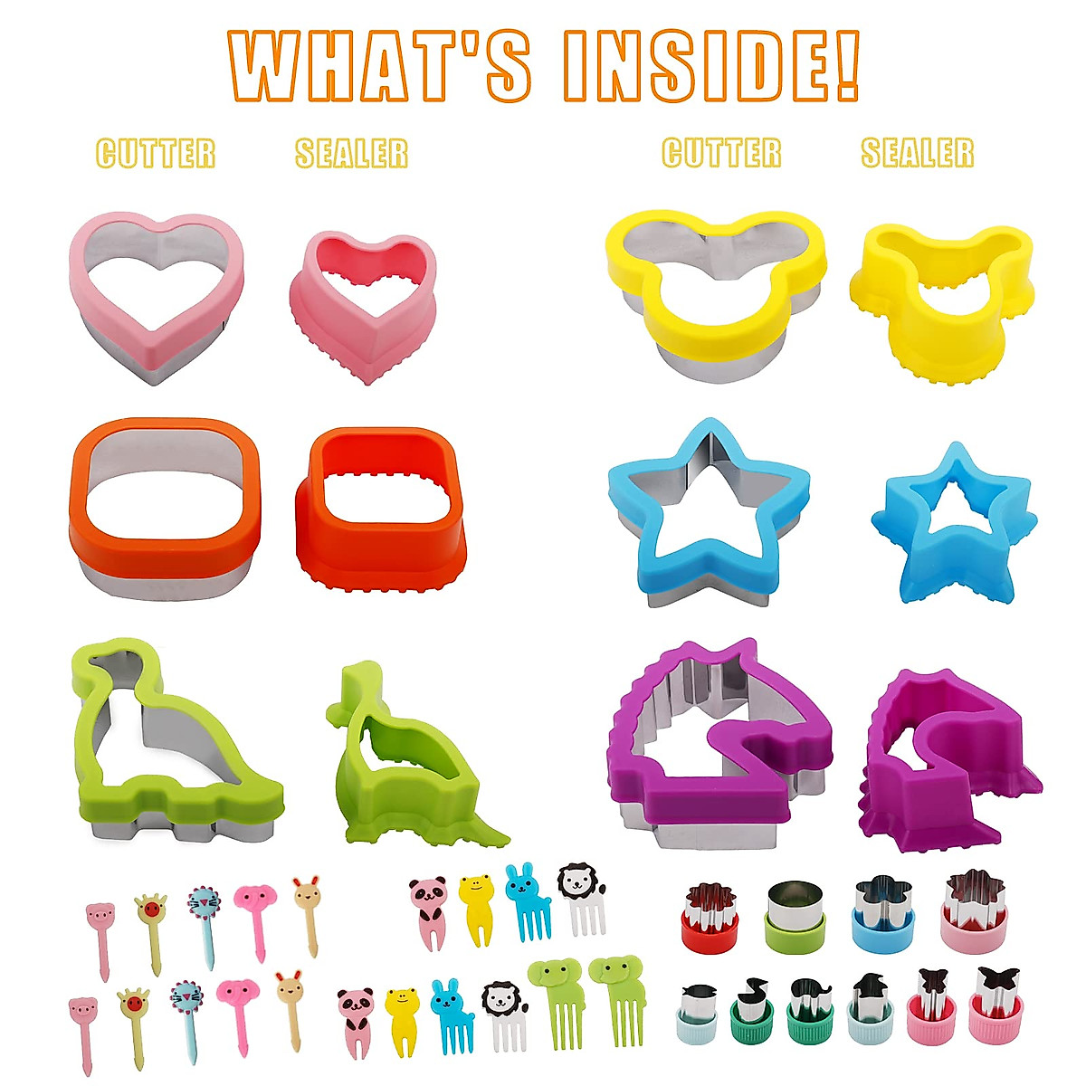 36pcs Sandwich Cutter and Sealer for Kids, Cookie Cutters, Food Picks, Cute Lunch Bento Accessories for Kids, Cookie Cutter, Dinosaur Mickey Mouse Unicorn Shapes Uncrustables Sandwich Maker