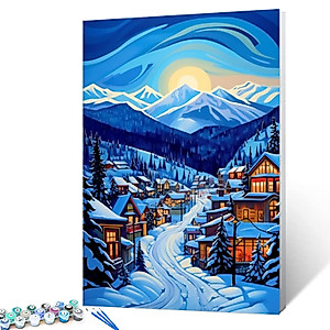 Dramatic Village Paint by Numbers Kits Winter Night Landscape in Countryside with House Acrylic Oil Painting for Adults Kids Full Moon Pictures Art Craft Farmhouse Decor Nordics Gift(Frameless)