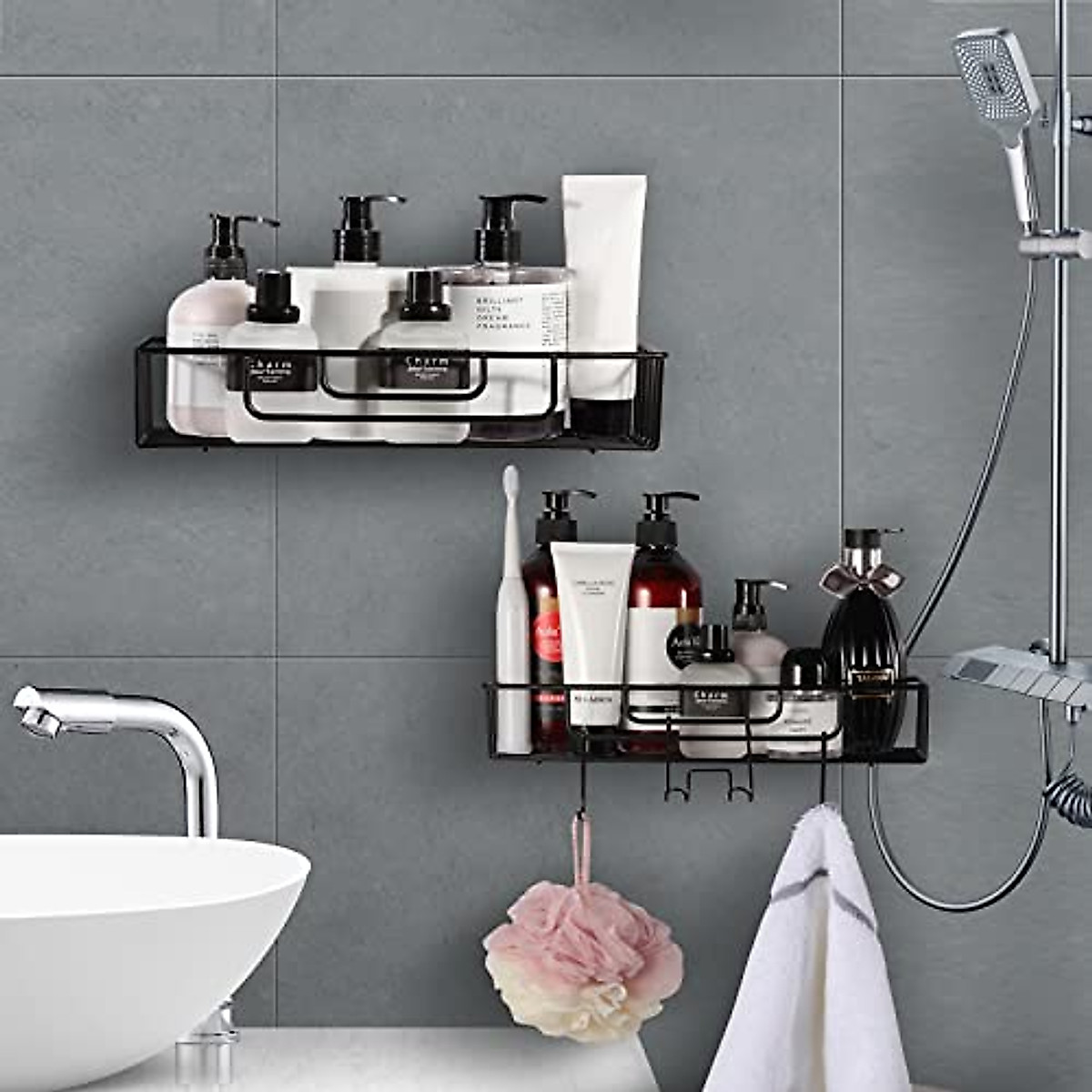 WOSOMOK Shower Caddy Rustproof Bathroom Organizer Shelf in Adhesive or Screws 2-Pack Stainless Steel No Drilling Shower Basket for Inside Shower & Kitchen Storage