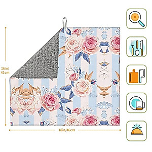 Flowers Stripe Printed Drying Mat For Kitchen Ultra Absorbent Microfiber Dishes Drainer Mats Non-Slip Silicone Quick Dry Pad - 18 X 16inch