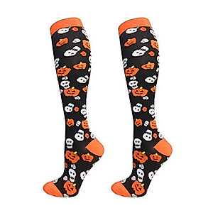 Halloween Compression Stockings for Women Men, 4 Pair Long Halloween Socks 20-30 mmHg for Running, Cycling, Pregnant
