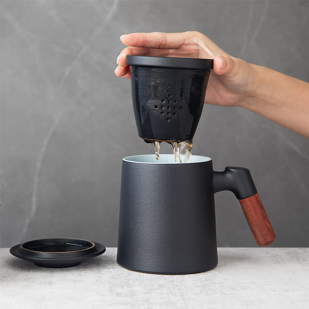 HEER Ceramic Tea Mug with Infuser and Lid, Black Wooden Handle Tea Cup with Filter for Steeping Loose Leaf, 13.5oz/400ml.