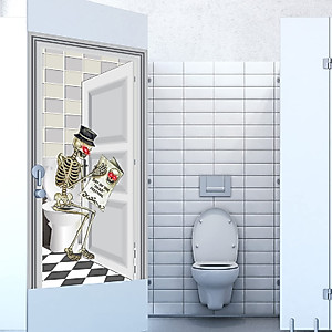 Tatuo Skeleton Door Decorations Skeleton Door Cover Halloween Bathroom Backdrop Background Halloween Indoor Decoration Party Supplies, 30 x 60 Inches