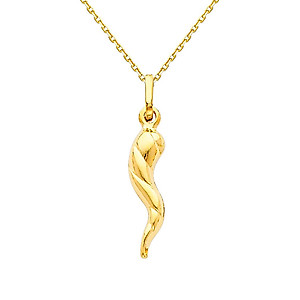 The World Jewelry Center 14k REAL Yellow Gold Twisted Cornicello Italian Horn Pendant with 0.9mm Cable Chain Necklace - 22"