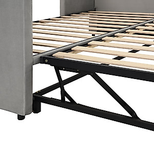CITYLIGHT Velvet Extendable Daybed Frame Twin to King Design, Twin Daybed with Pop up Trundle, Upholstered Sofa Bed Daybed with Wood Slat Support for Bedroom, Living Room, Gray