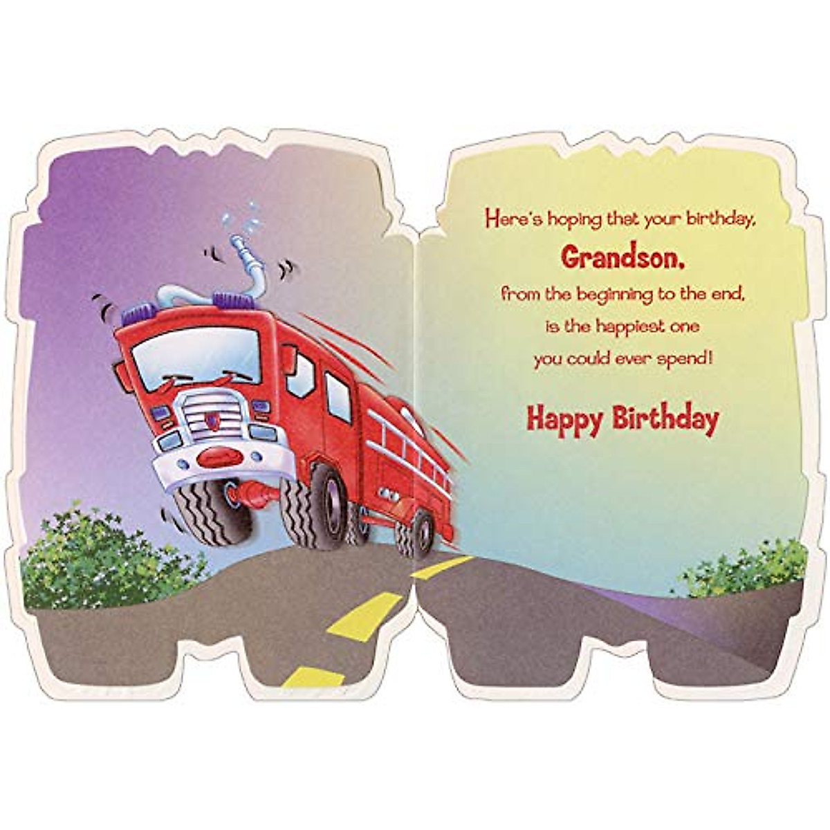 Designer Greetings Red Fire Engine with Purple Lights Die Cut Juvenile Birthday Card for Grandson
