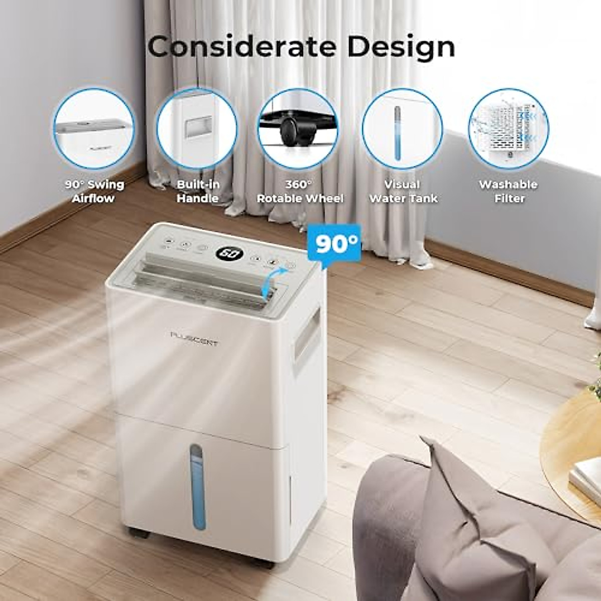 1500 Sq.ft Dehumidifier for Basement, PlUSCENT 21 Pints Quiet Dehumidifiers for Home, Large Room, Bedroom with Drain Hose, Smart Humidity Control & Monitor, 3 Operation Modes, 24H Timer, Auto Defrost