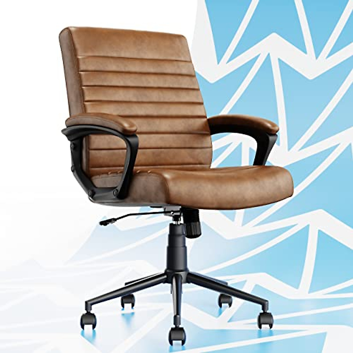 Click365 Transform 3.0 Extra Comfort Ergonomic Mid Back Channel Stitching Desk Chair, with Padded armrests, Adjustable-Height, Tilt, Lumbar Support, 360-Degree Swivel, Bonded Leather, Cognac