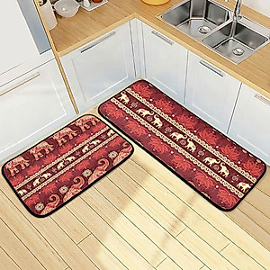 BOENLE Kitchen Rugs and Mats Non Skid Washable Kitchen Rug Set 2 Piece Red Elephant Migration Carpet Ergonomic Comfort Standing Mat for Kitchen,Bathroom, Laundry
