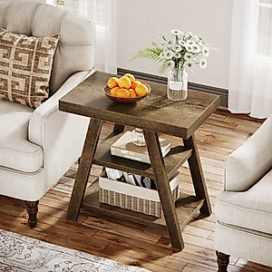 Tribesigns End Table for Living Room, 3-Tier Narrow Sofa Side Table with Storage Shelf, Farmhouse Small Wood End Table for Small Spaces, Industrial Heavy-Duty Bedside Table for Bedroom, Rustic Brown