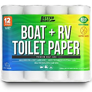 Boat and RV Toilet Paper, Septic Safe Quick Dissolving Tissue, 12 Single Rolls, Biodegradable 2-Ply for Marine, Travel, and Camper Systems, Camping Tank-Safe Bulk Pack
