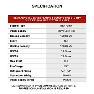 OLMO Alpic 9,000 BTU, 110/120V Ductless Mini Split AC/Heating System With Heat Pump Including 16ft Installation Kit…