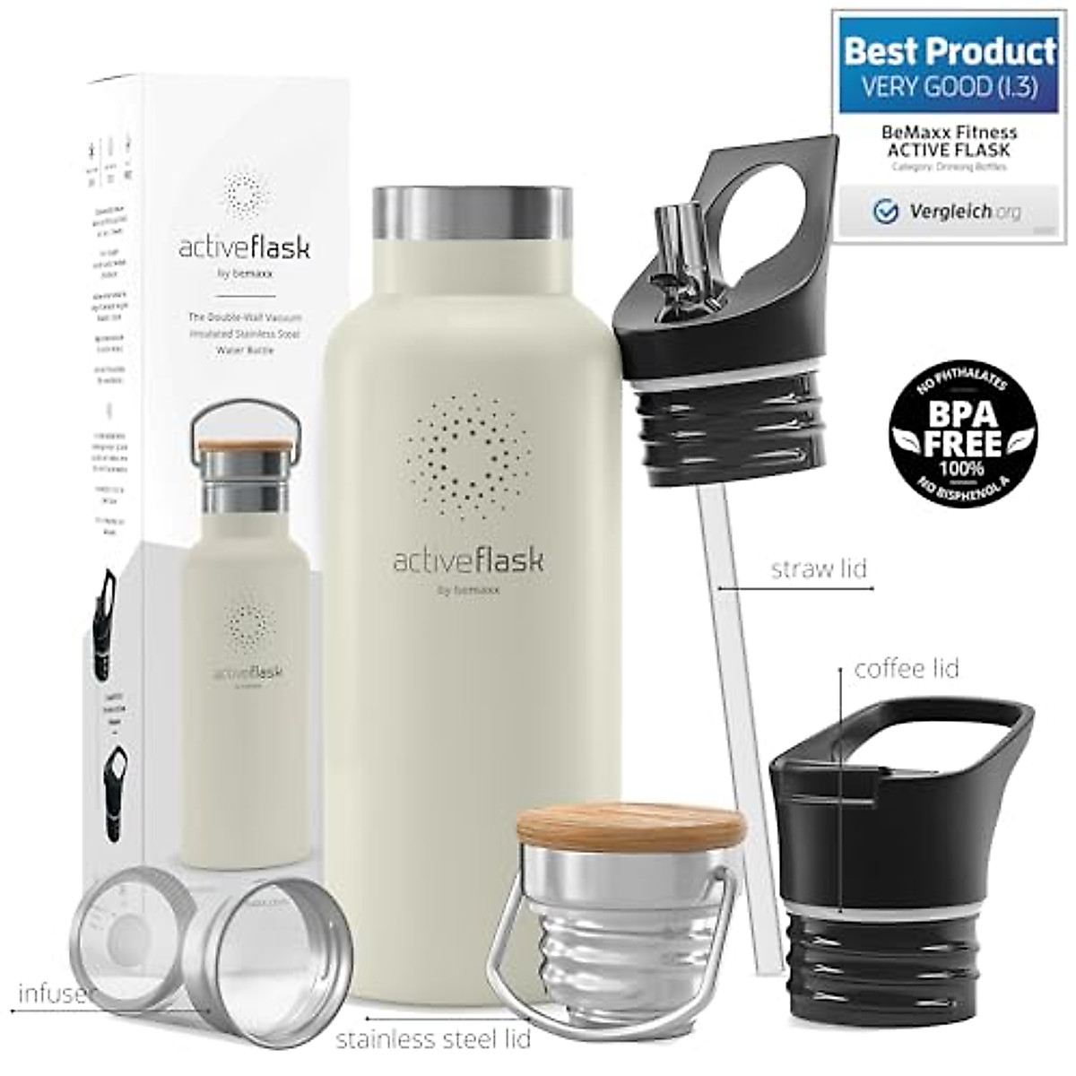 Stainless Steel Water Bottle with Straw, Infuser & 3 Lids: 18/32 OZ Leak-Proof Vacuum Insulated ACTIVE FLASK Drinking Bottles Hot Cold: Double Walled Outdoor Drink Thermo Mug Tea Coffee Sport Gym Bike