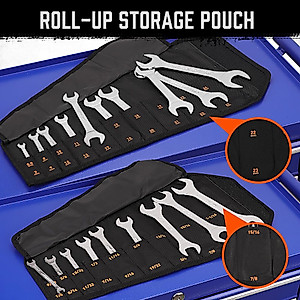HORUSDY 19-Piece Super-Thin Open End Wrench Set with Rolling Pouch, CR-V Steel SAE & Metric, 1/4" to 1-1/16" and 5.5mm to 27mm Slim Spanner Wrench Set