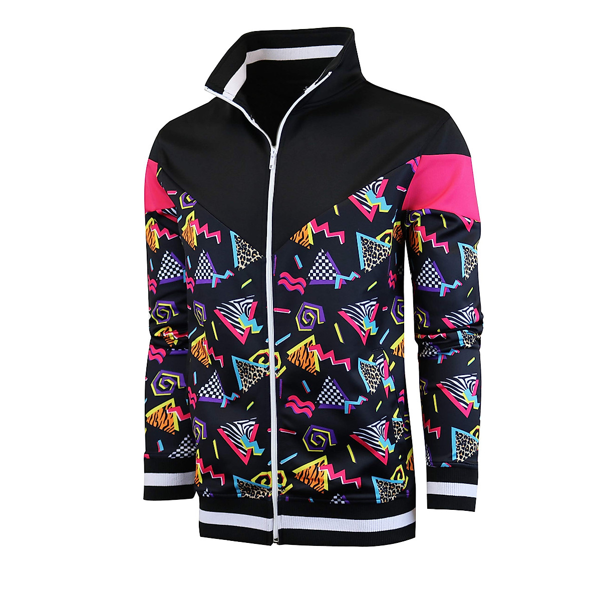 SCREENSHOT-F11904 Mens Urban Hip Hop Premium Track Jacket - Slim Fit 80's Retro Pattern Print Streetwear Fashion Top-Black/Pop-Large