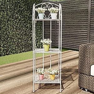 Pure Garden Plant Stand – 3-Tier Vertical Shelf Indoor or Outdoor Folding Wrought Iron Home Garden Display with Laser Cut Shelves (Antique White)