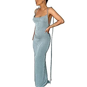 Vssjavun Women’s Summer Sexy Spaghetti Strap Sleeveless Backless Bodycon Slim Fit Party Club Cocktail Long Dress Blue