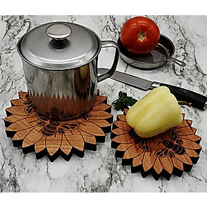 Honey Bees on a Flower Trivet- Hand Crafted in The USA From Solid Cherry Hardwood (6 Inch)