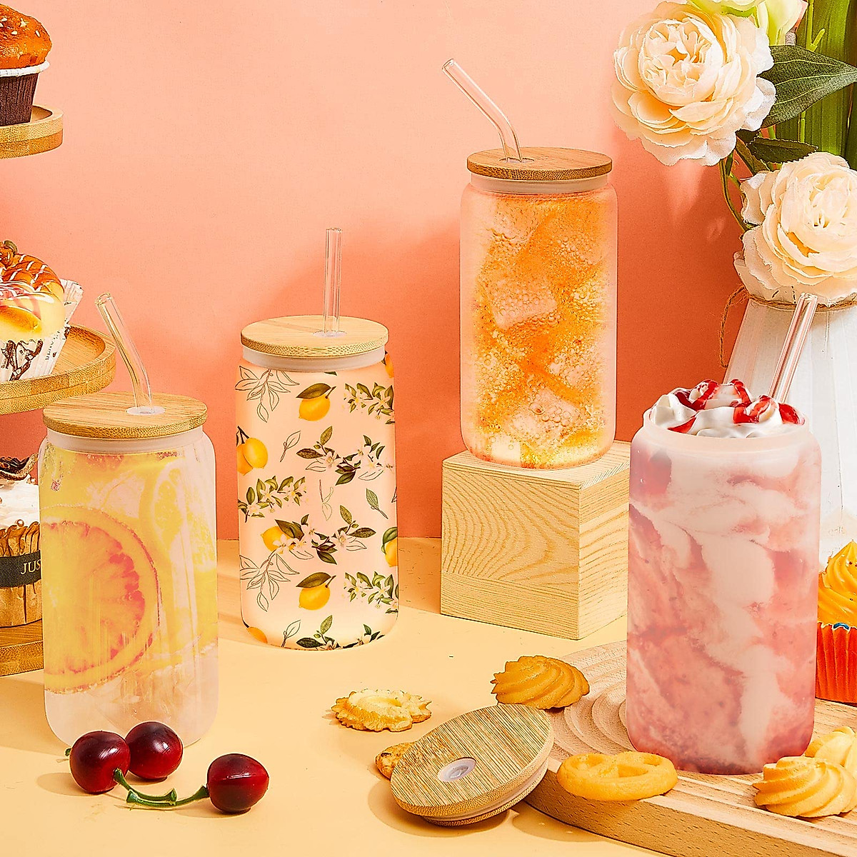 Tessco 50 Pack 16oz Sublimation Glass Blanks Frosted with Bamboo Lid Sublimation Beer Can Shaped Glass Wide Glass Cups Mugs Drinking Frosted Glass Tumbler with Straw, Sponge Brush, Straw Brush