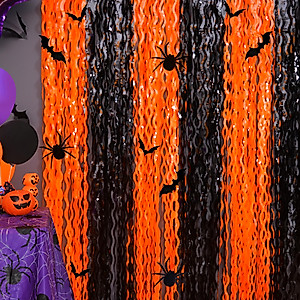 Mega-L Halloween Foil Fringe Curtains, 3 Pack Orange Black Photo Booth Props, 18 Pcs PVC Bat and Spider Stickers Decals Wall Decor Halloween Photo Backdrop for Halloween Party Decoration