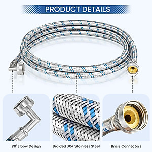 TICONN 4FT Washing Machine Hoses Set, 2 Pack EPDM Core Braided Stainless Steel Burst-Proof Washer Hoses with 90 Degree Elbow, 3/4" FHT Standard Thread (4ft)