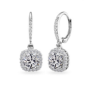 Cubic Zirconia Earrings for Women Sterling Silver Dangle Halo Cushion-Cut CZ Earrings Birthday Holiday Gift Prom Bridesmaids