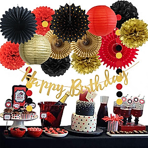 Red Black Gold Birthday Party Decorations Paper Lanterns Pom Poms Flowers Fans Casino Theme Party Decorations for Birthday Wedding Anniversary Bridal Shower Bachelorette Baby Shower Party