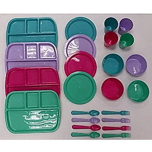 24 pc Kids Dinner Set by Mainstays, BPA free, Microwave/dishwasher safe, toddler snack/meals, mixed colors